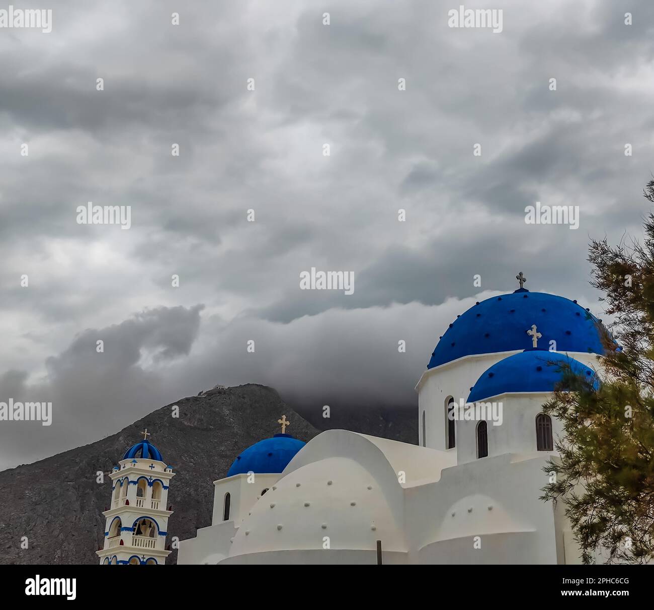 Traditional Greek church in Perissa, Santorini, Greece. Church of Holy ...