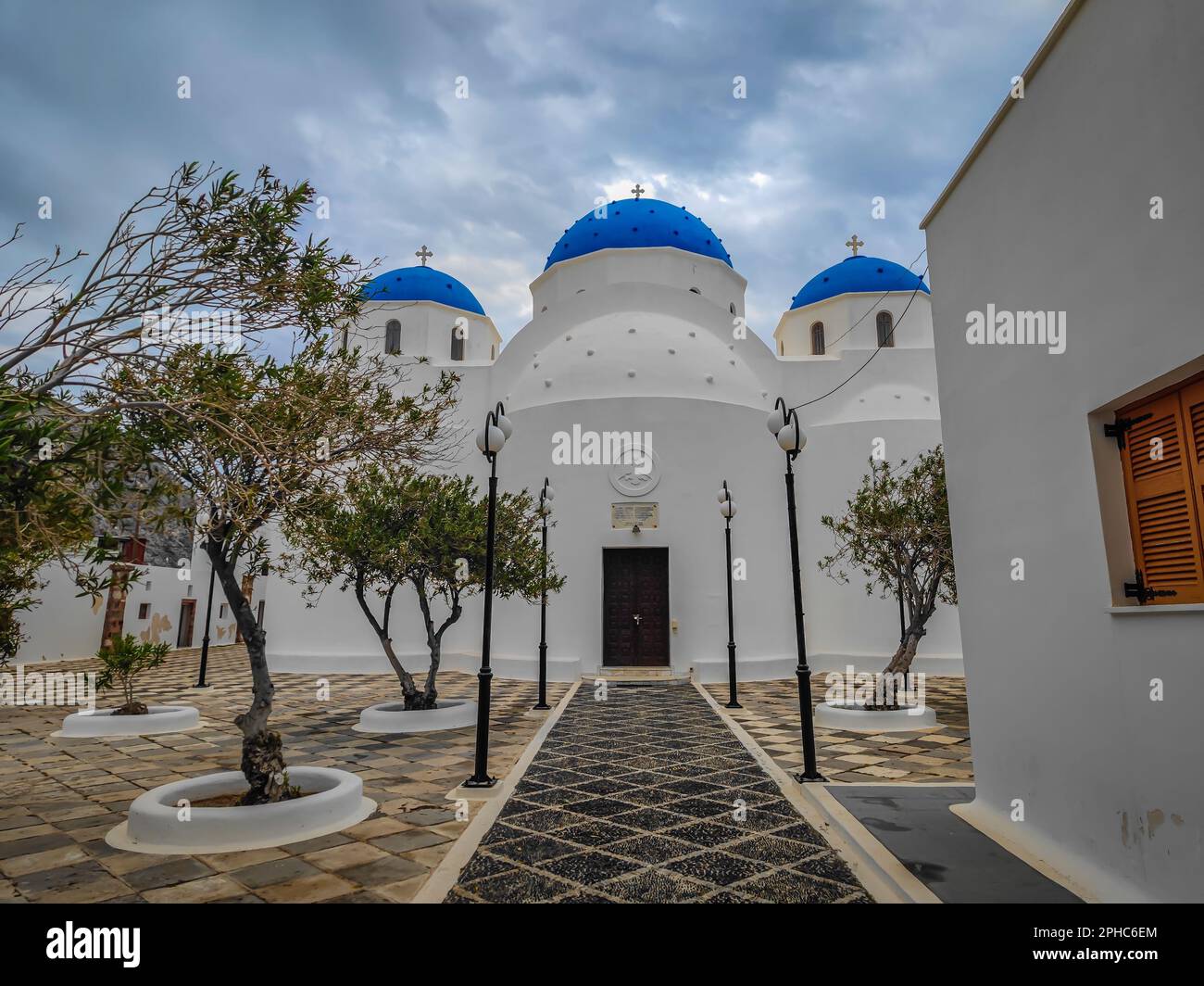 Traditional Greek church in Perissa, Santorini, Greece. Church of Holy ...