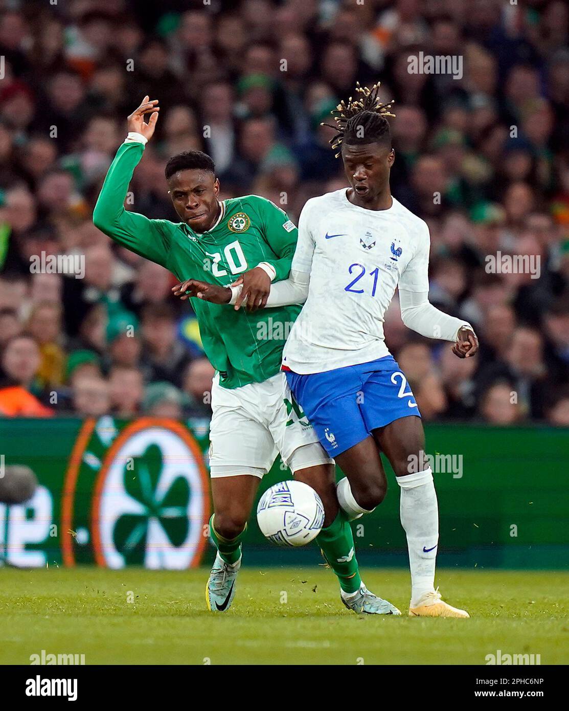 Republic of Ireland's Chiedozie Ogbene and France's Eduardo Camavinga ...