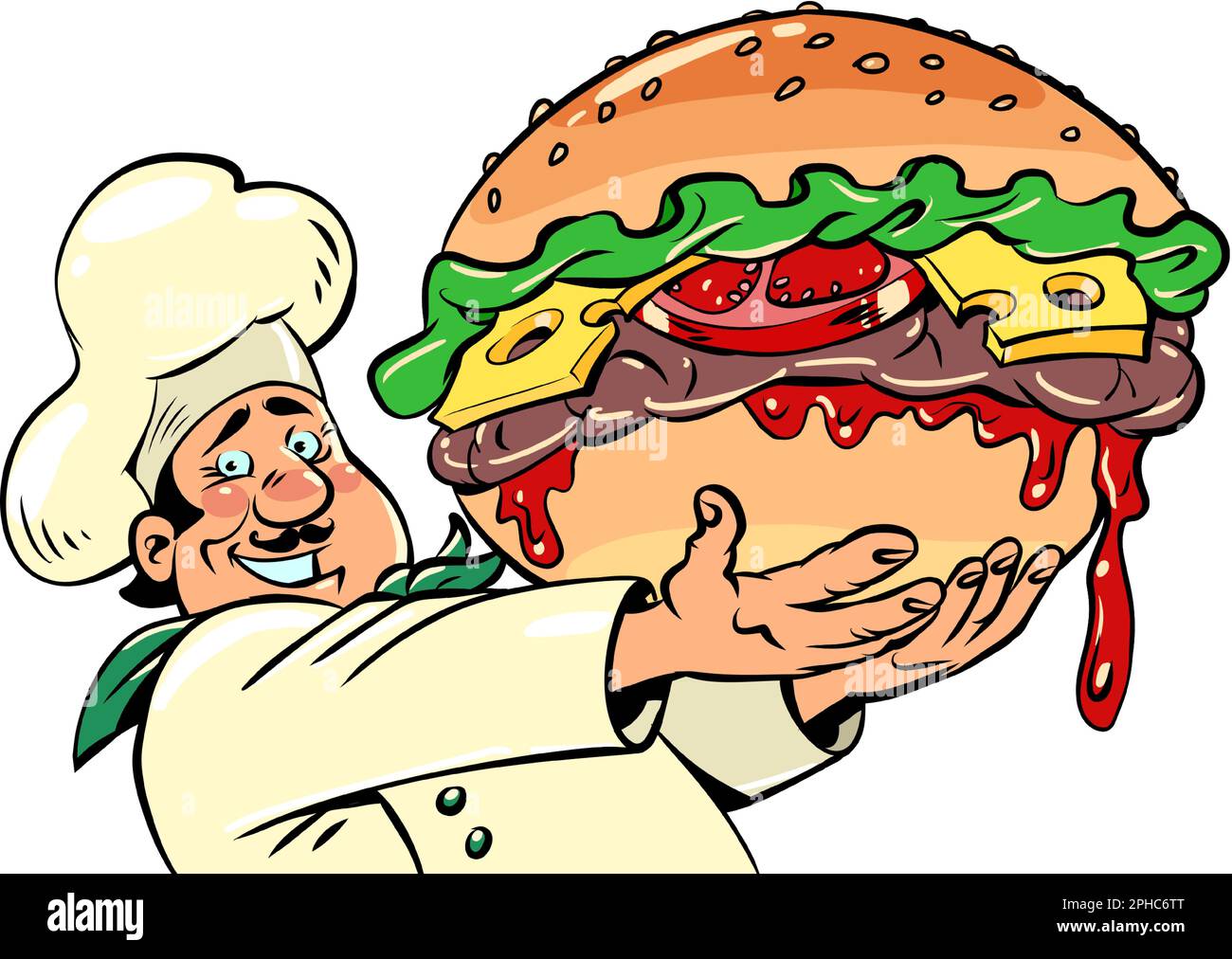 chef with a huge burger, fast food street restaurant. Delicious ...