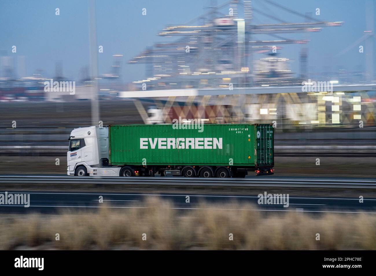 Container truck, bringing containers to Euromax Container Terminal, the seaport of Rotterdam ...