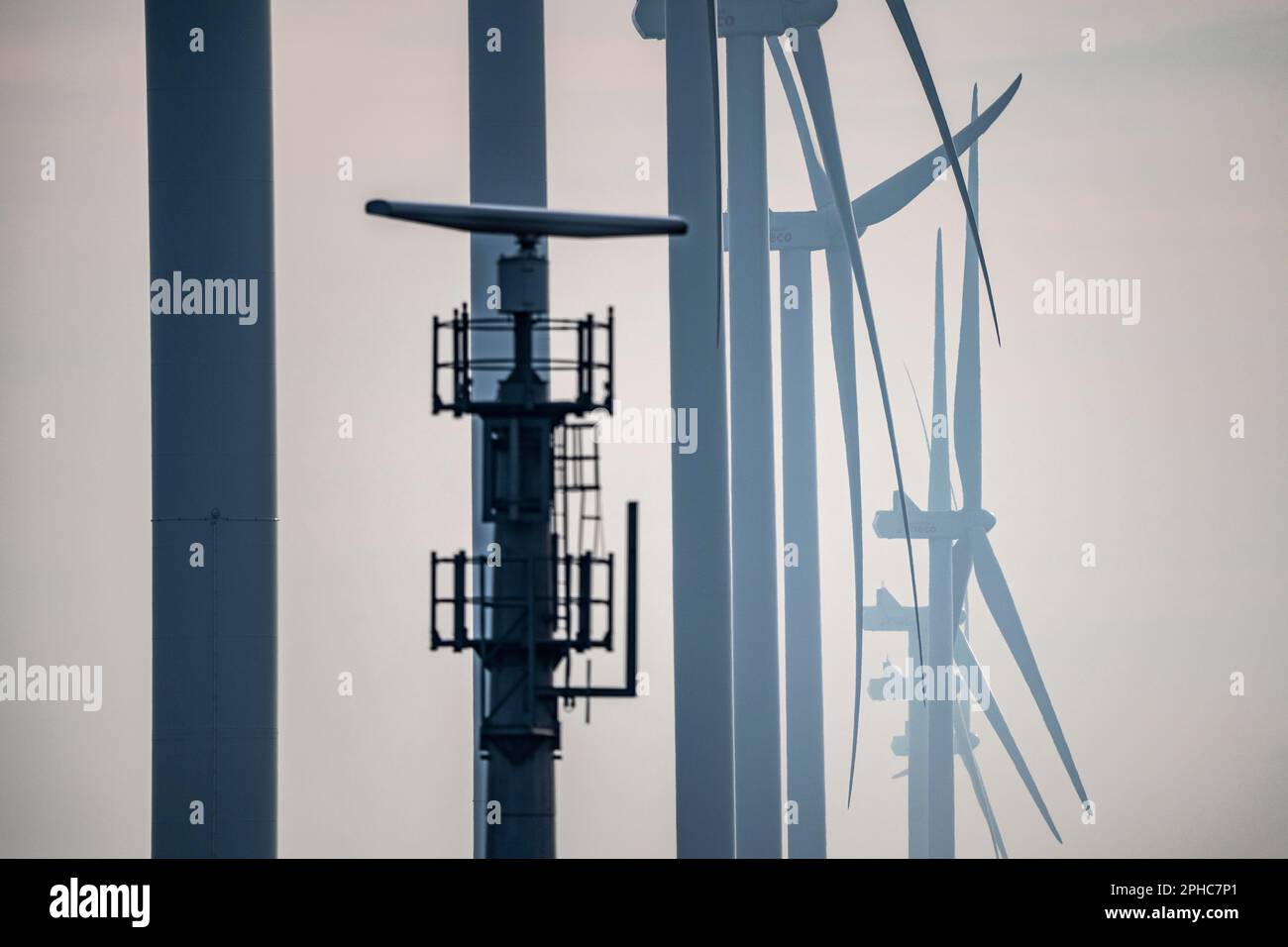 Wind farm on the Nordzeeweg, on a long spit of land between the Nieuwe ...