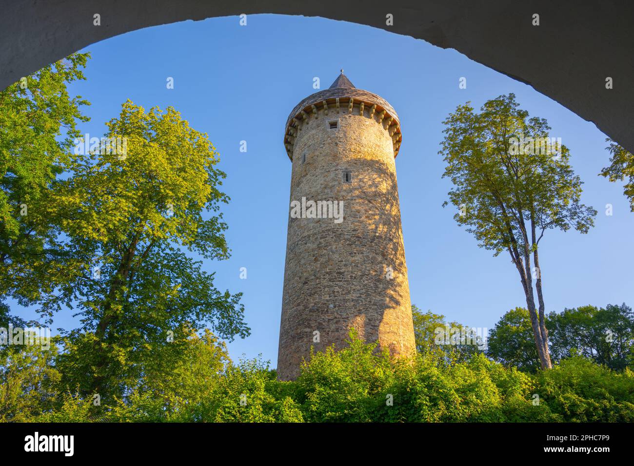 Ancient round stone tower Jakobinka. A remnant of the extinct medieval ...