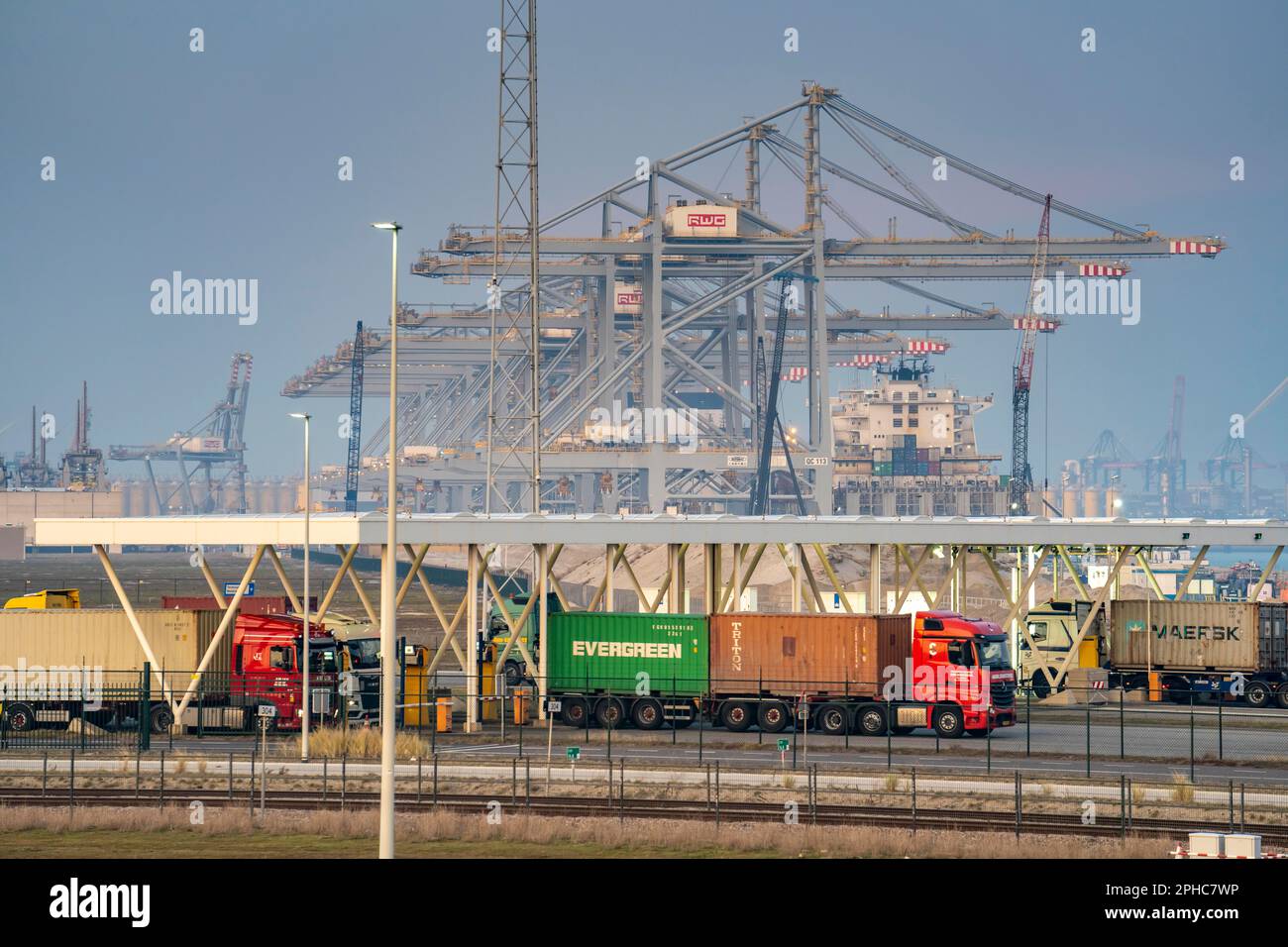 Port of Maasvlakte2, entry and exit control to RWG Container Terminal, container trucks picking ...