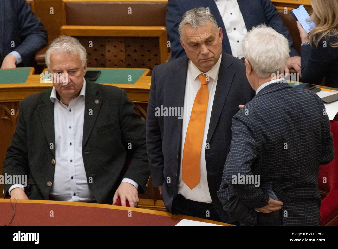 Budapest, Hungary. 27th Mar, 2023. Hungarian Prime Minister Viktor Orban (C) attends a session ...
