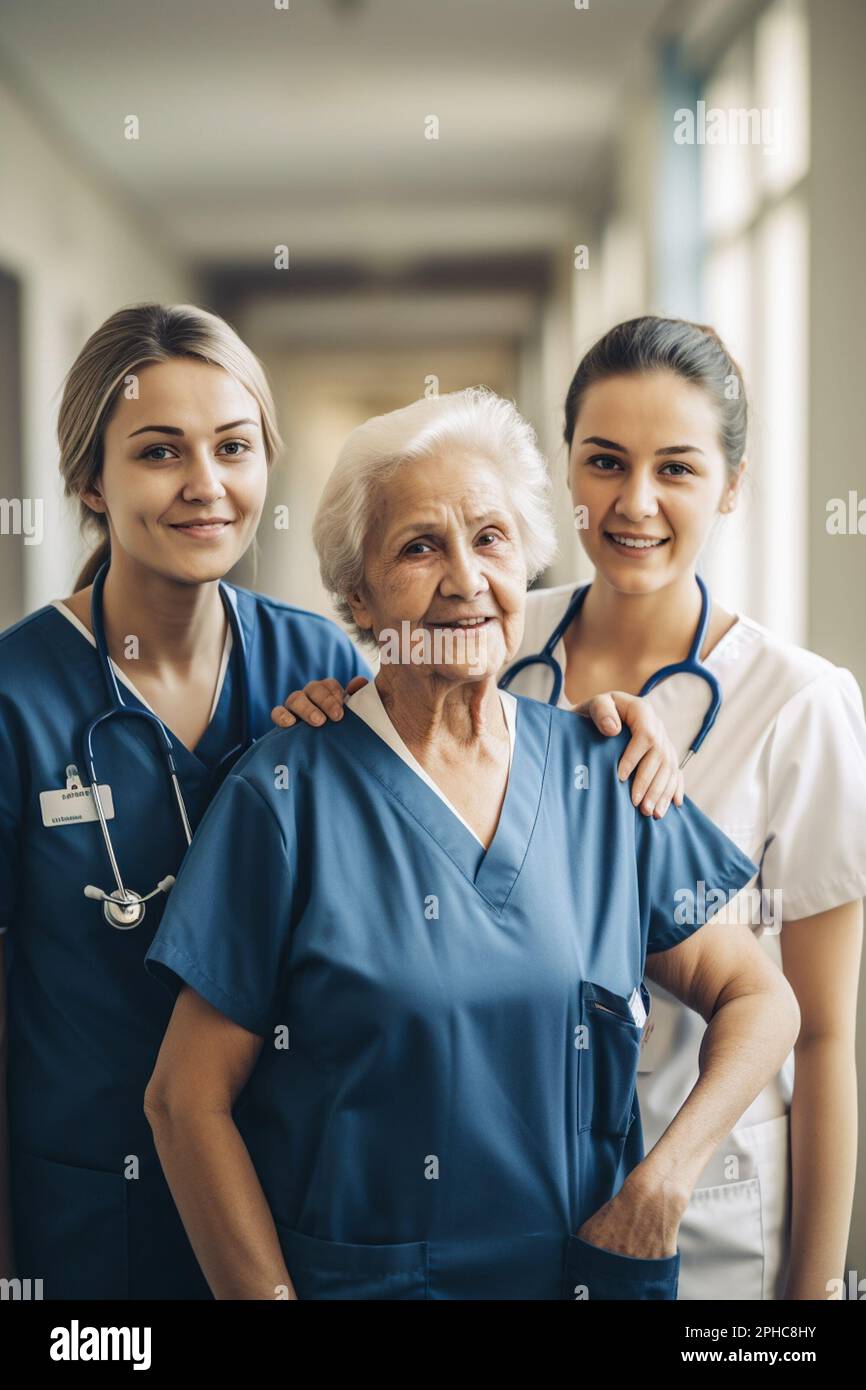 Professional Healthcare: Two Nurses and a Grateful Elderly Woman. Ia ...