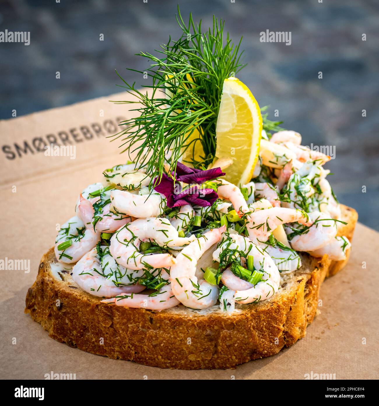 Traditional delicious Danish snack called smørrebrød butter bread, rich ...