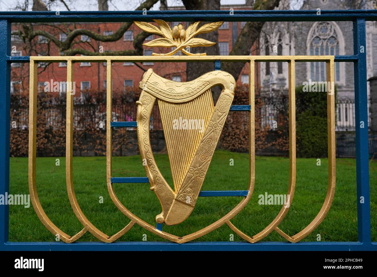 The harp, the national symbol of Ireland, in a fence in a memorial park ...