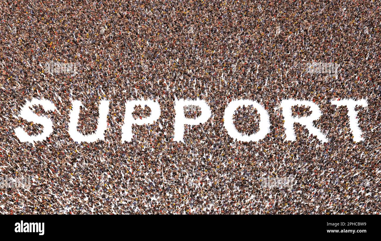 Conceptual large community of people forming the word SUPPORT. 3d ...