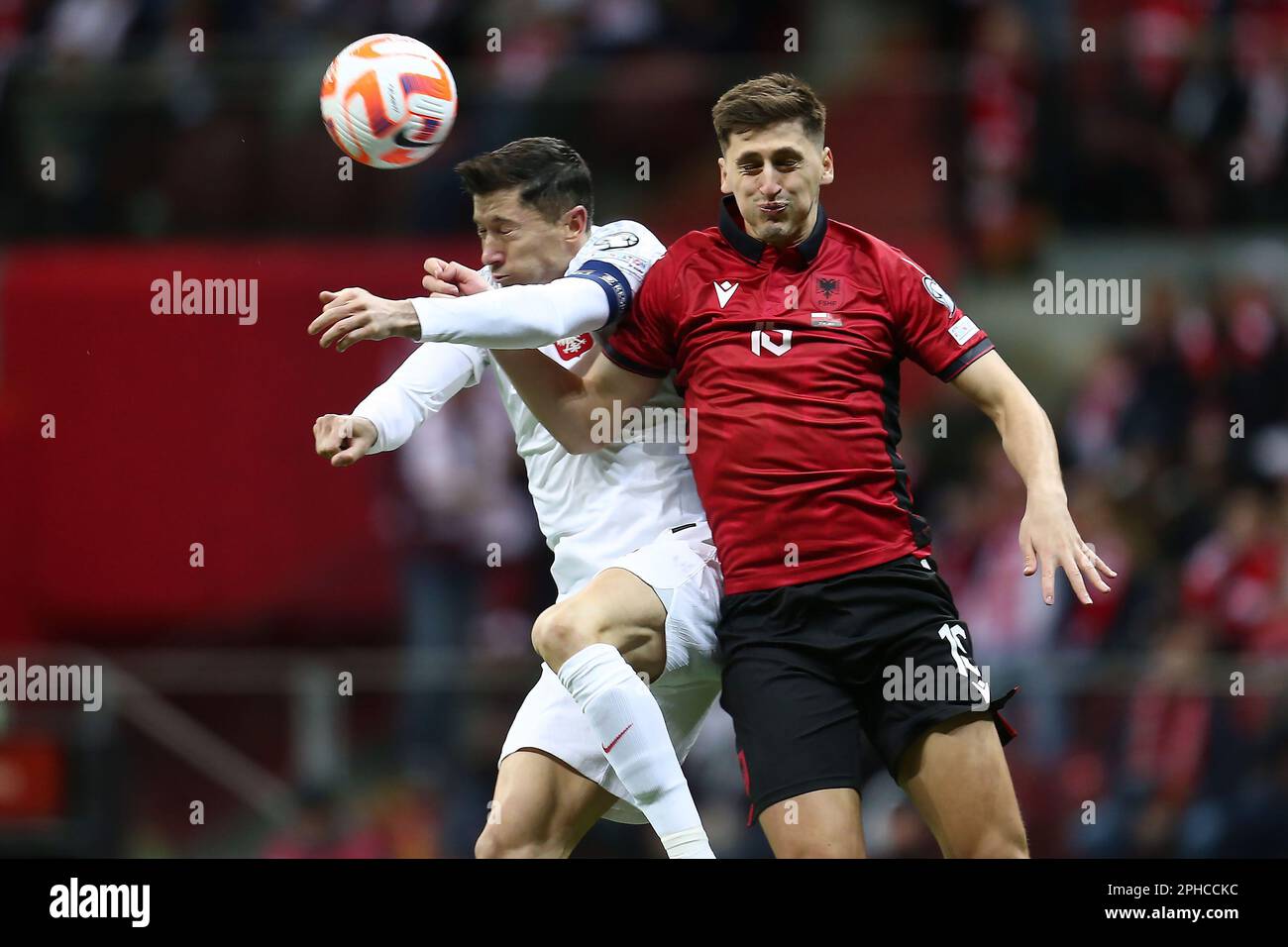 Robert Lewandowski of Poland and Marash Kumbulla of Albania during the ...