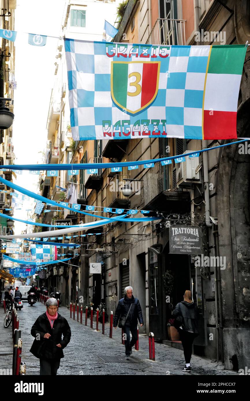 Flags and streamers in a street of Naples (Italy), as the city prepares ...