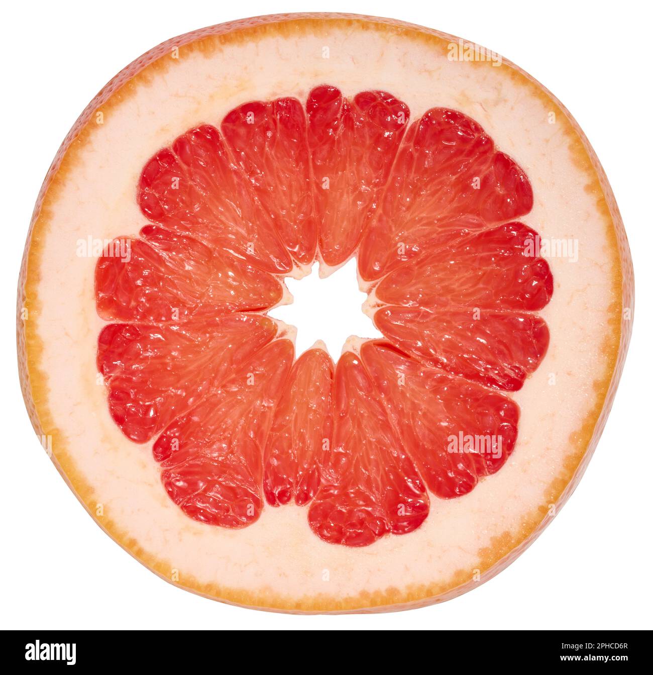 Round piece of grapefruit on a white isolated background, top view ...