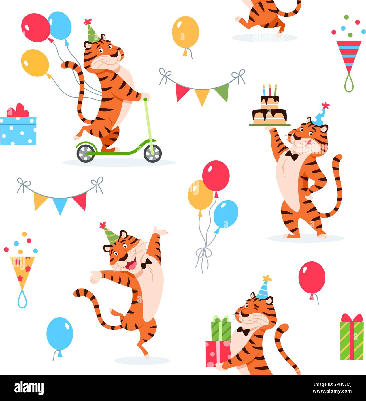 Cartoon Birthday tigers seamless pattern on white background. Cute wild ...