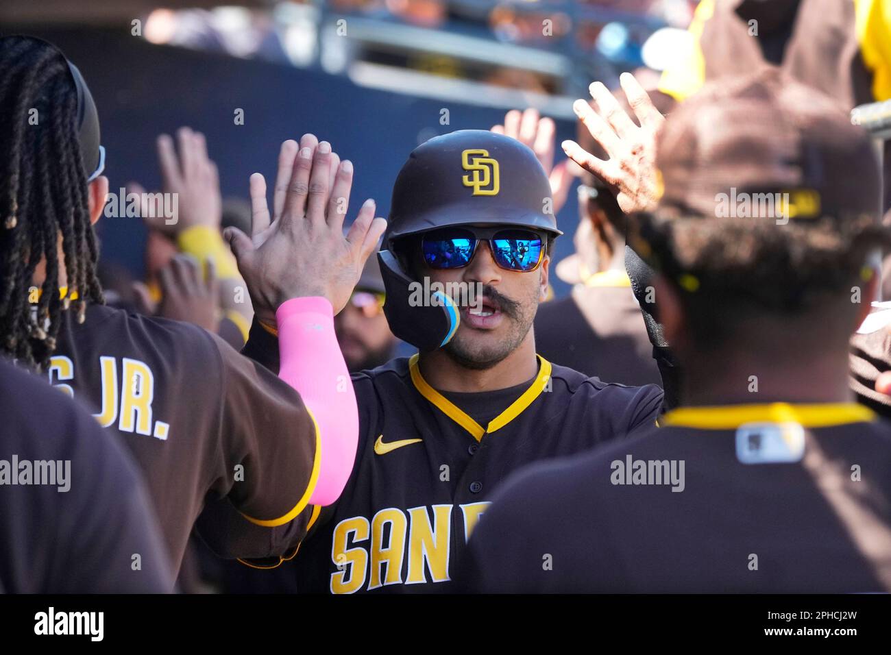 San Diego Padres' Trent Grisham celebrates his run scored against the ...