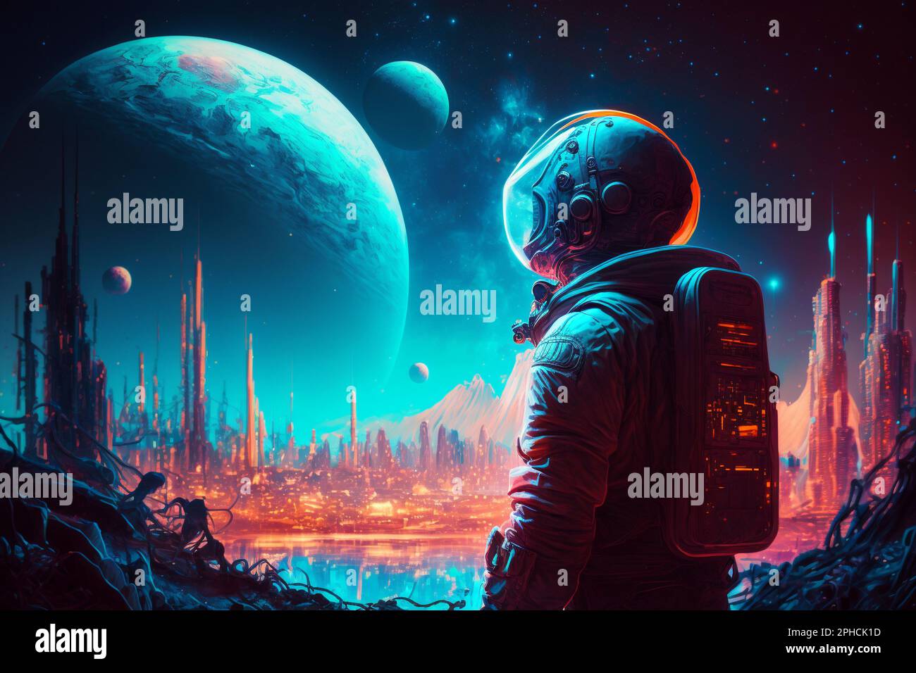 Illustration of an astronaut in spacesuits looking at a future city ...