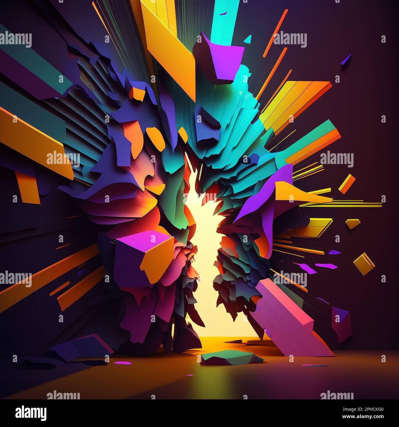 Abstract colorful illustration in 3D of an explosion in a portal ...