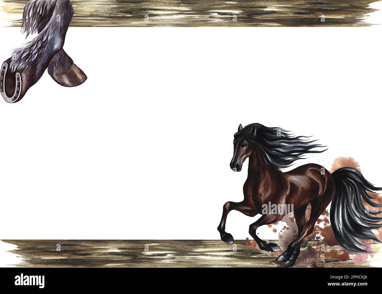 Wooden frame with galloping horse and hooves. Hand drawn watercolor ...
