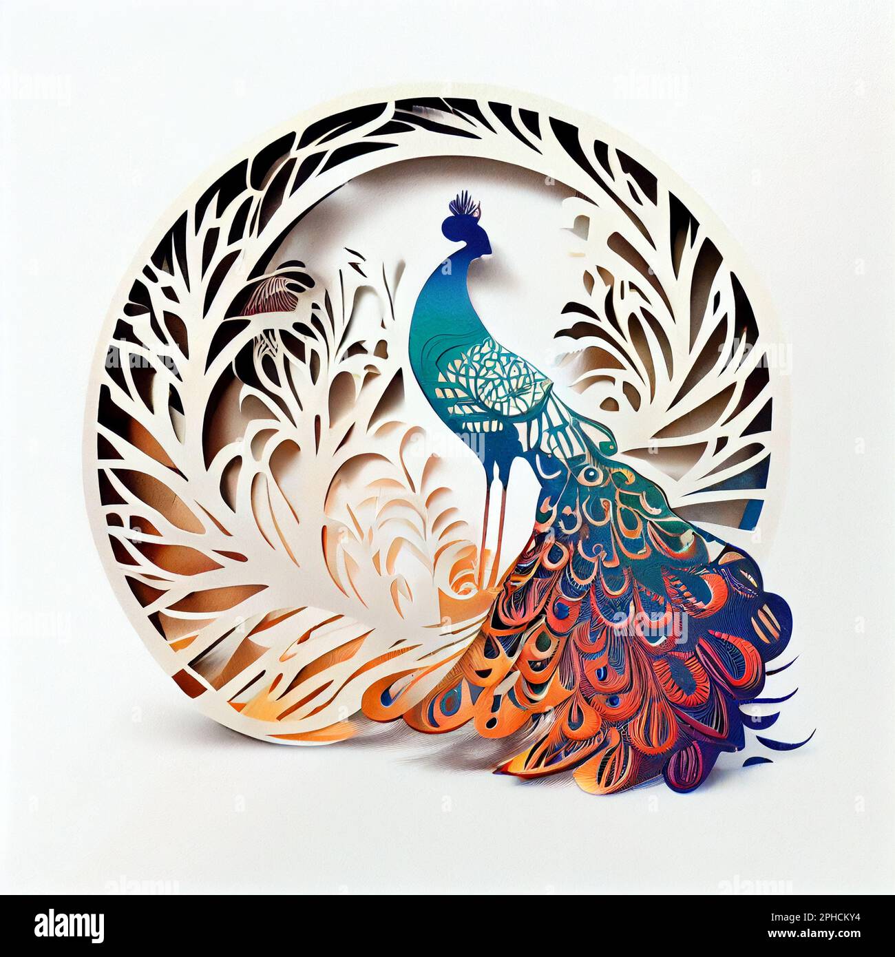 Papercut art of a peacock with white background Stock Photo - Alamy