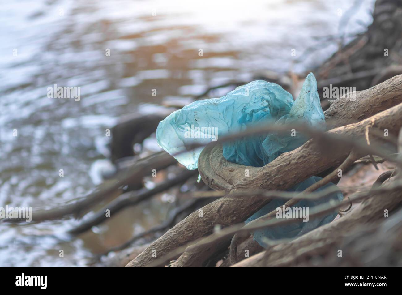 Plastic bag stuck on the edge of a river,concept of pollution of nature ...