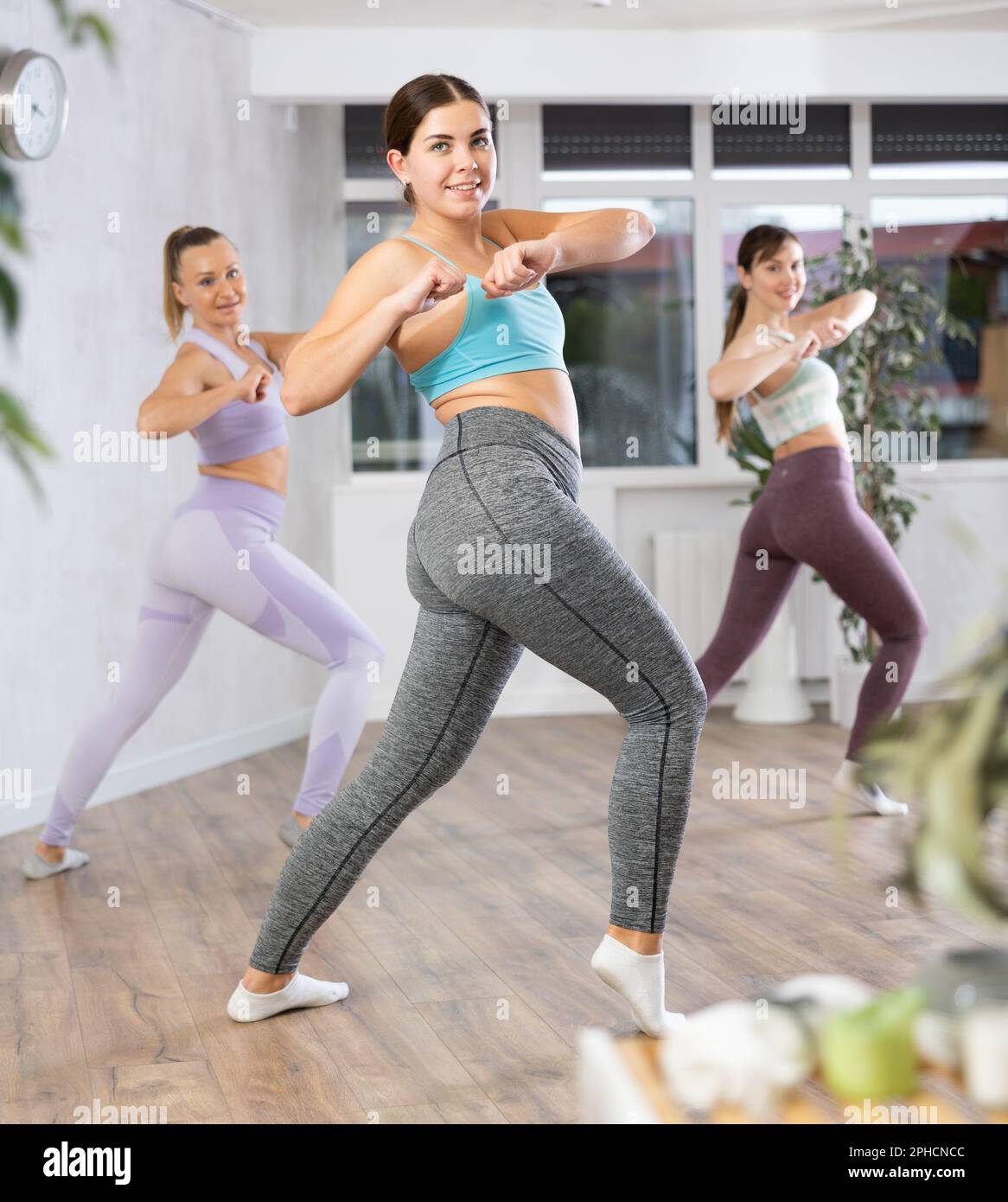 Happy women practicing aerobics in light fitness studio Stock Photo - Alamy
