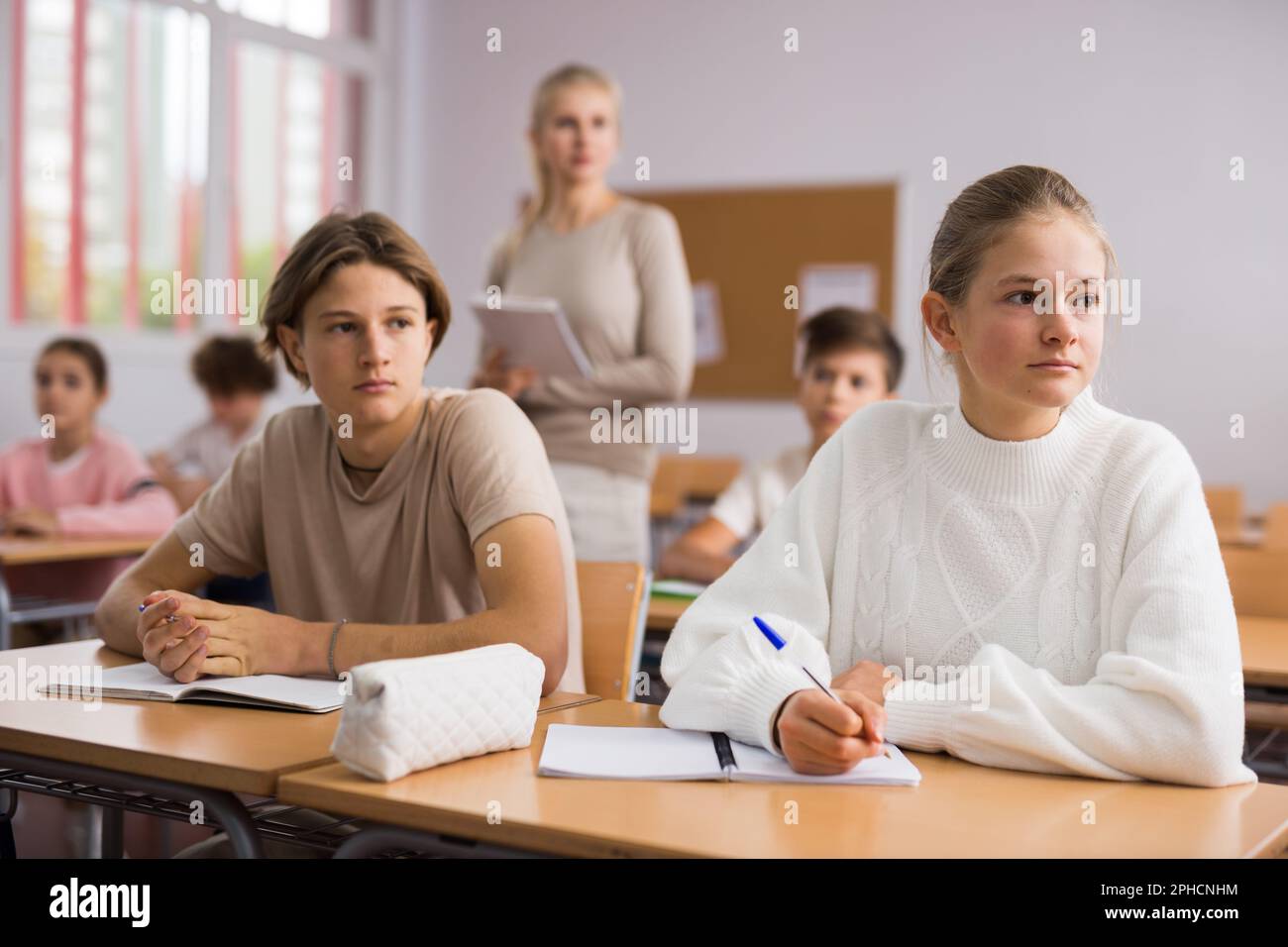 Group of school kids and teacher during lesson Stock Photo - Alamy