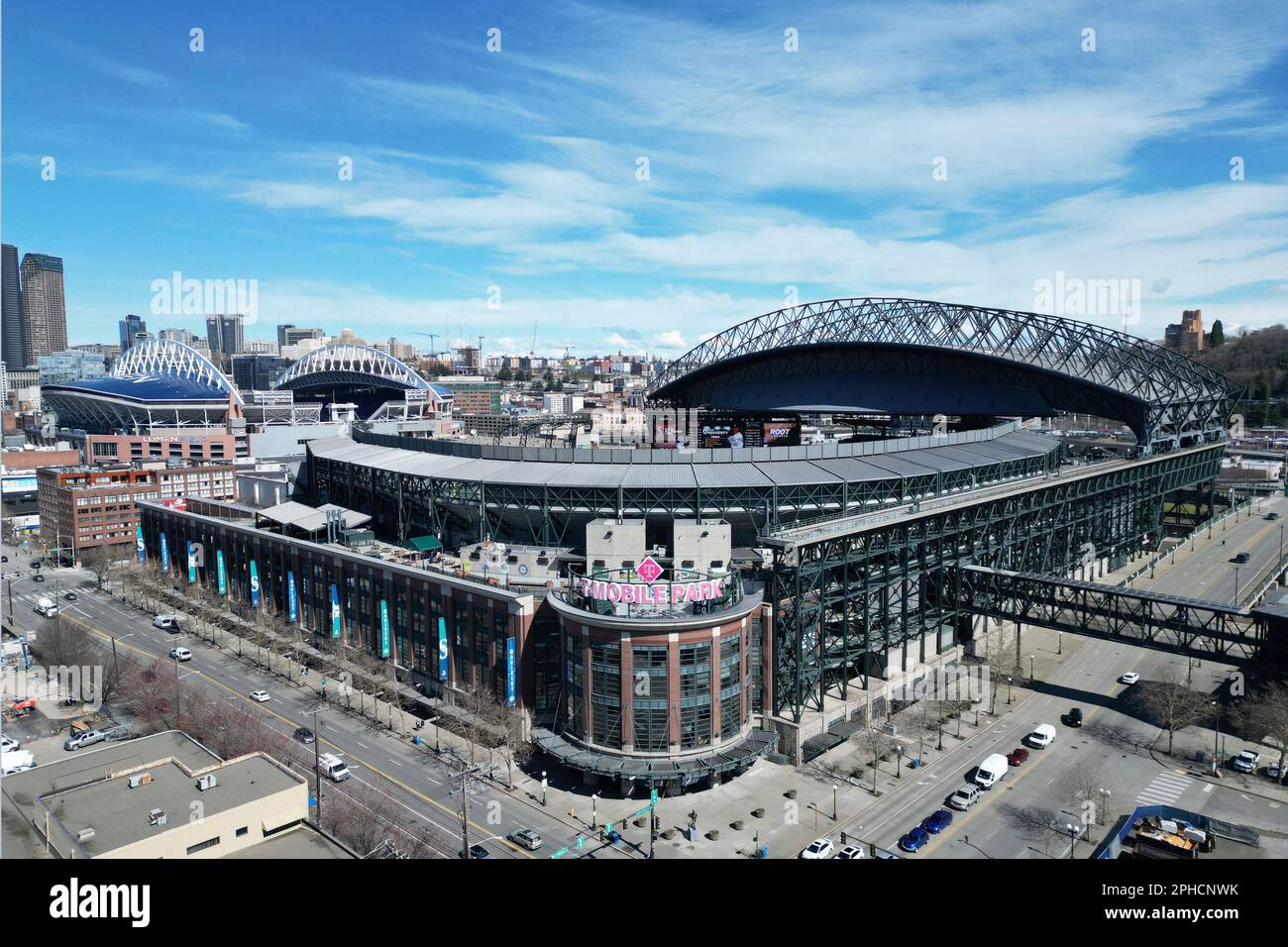 A general overall aerial view of T-Mobile Park, Monday, March 27, 2023 ...