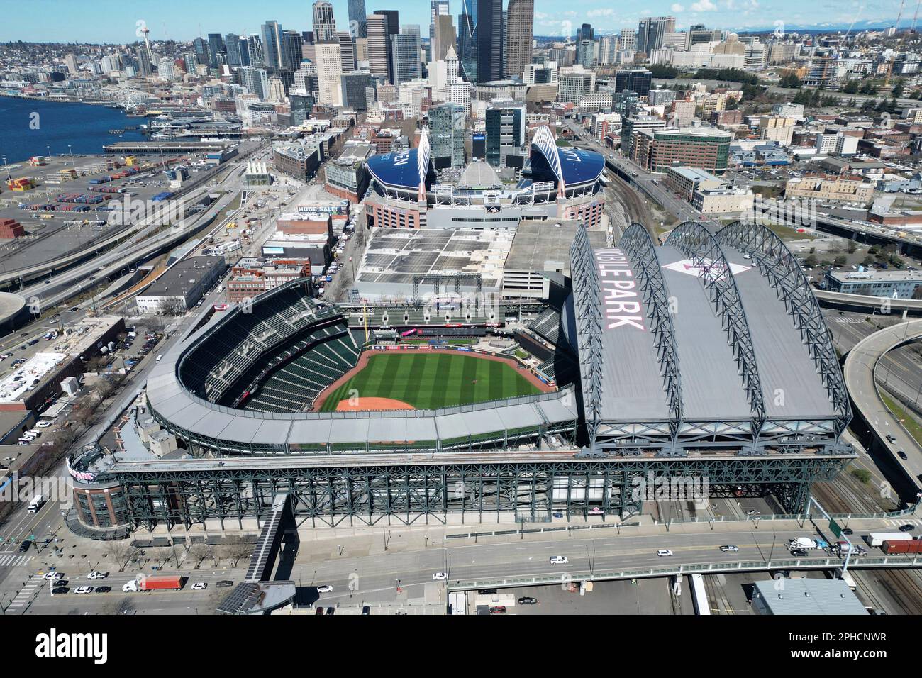A general overall aerial view of T-Mobile Park (foreground) and Lumen ...