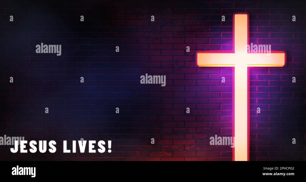 Jesus Lives cyberpunk web banner. Christian cinematic background with ...