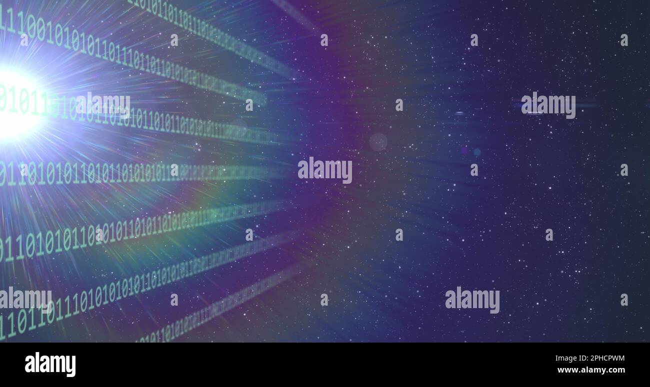 Composition of light trails over data processing and space Stock Photo ...