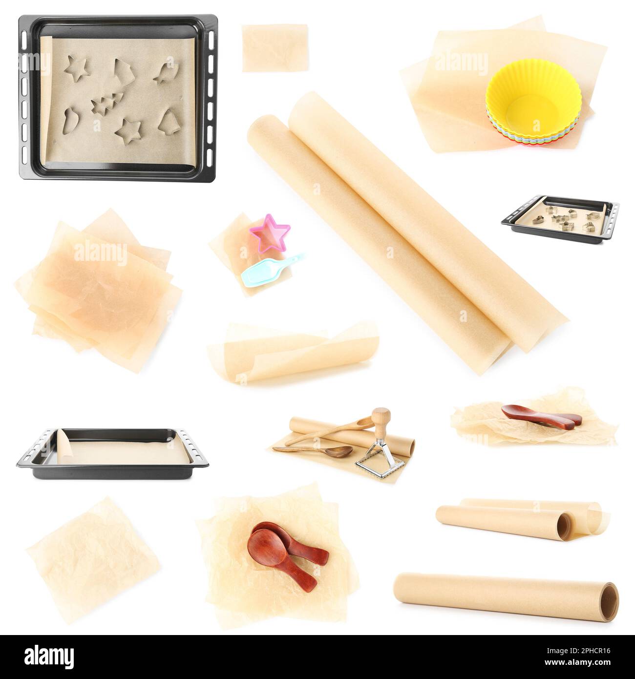 Collage of baking paper with kitchen utensils on white background Stock ...
