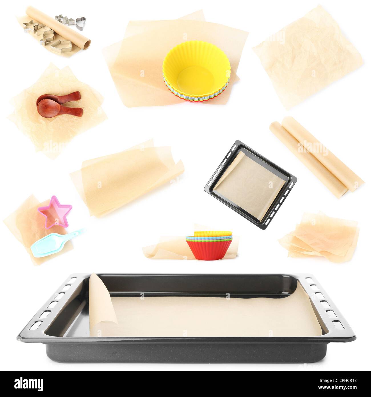 Set of baking paper with kitchen utensils on white background Stock ...