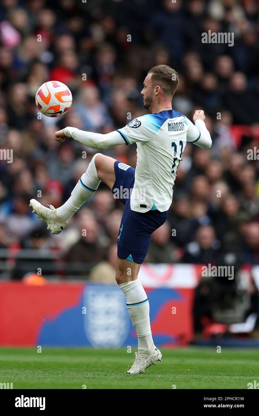 London, UK. 26th Mar, 2023. James Maddison of England in action ...