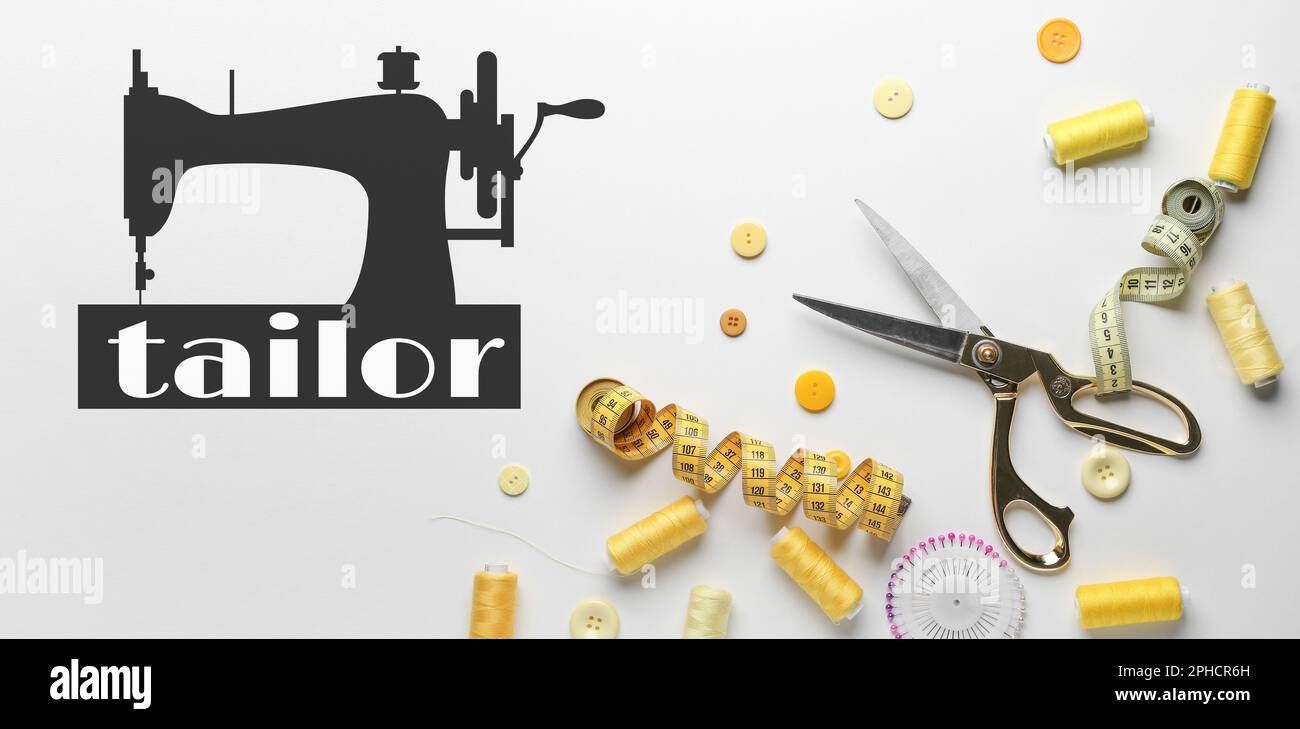 Banner with sewing supplies and word TAILOR on light background Stock ...
