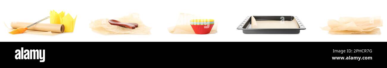 Group of baking paper with kitchen utensils on white background Stock ...