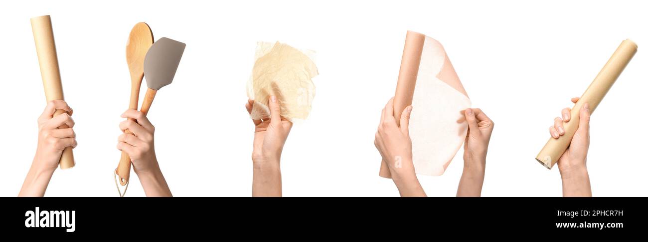 Collage of hands with baking paper and utensils on white background ...