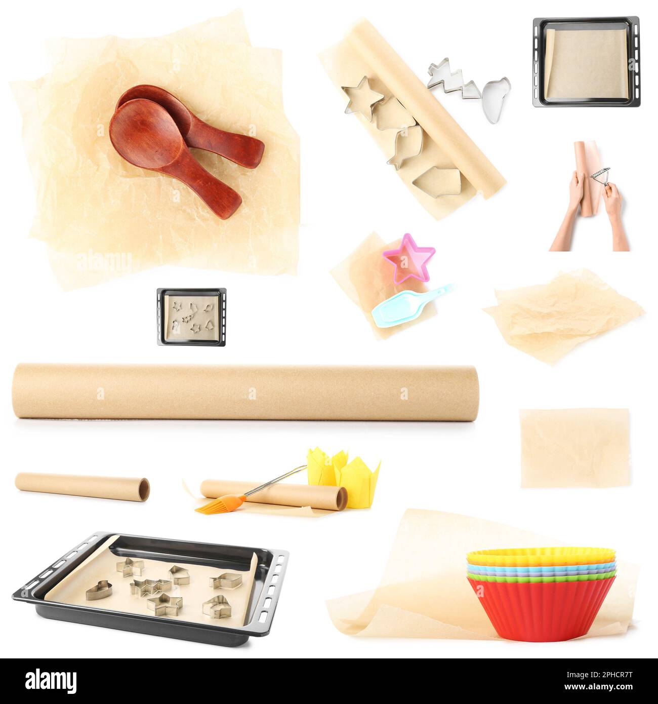Collection of baking paper with kitchen utensils on white background ...