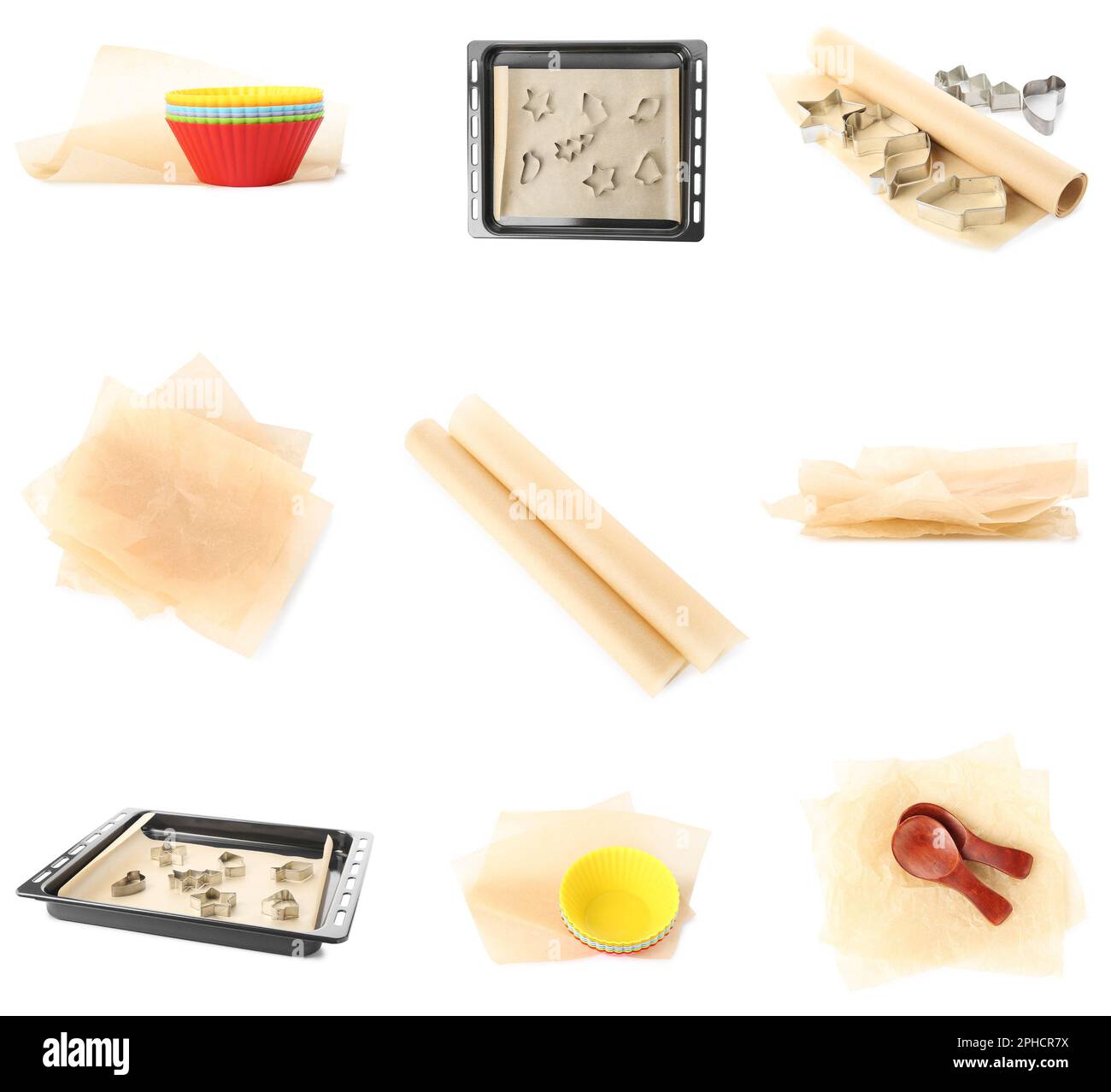 Group of baking paper with kitchen utensils on white background Stock ...