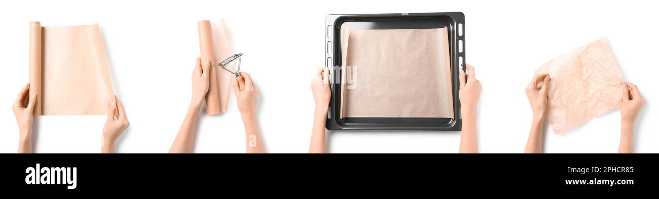 Collage of hands with baking paper, tray and ravioli cutter on white ...