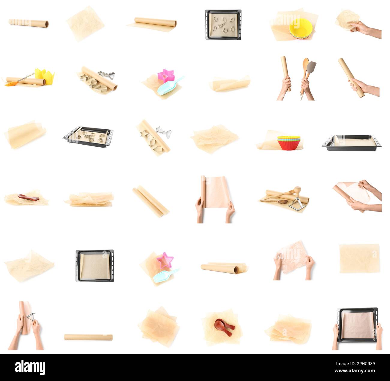 Collection of baking paper with kitchen utensils on white background ...