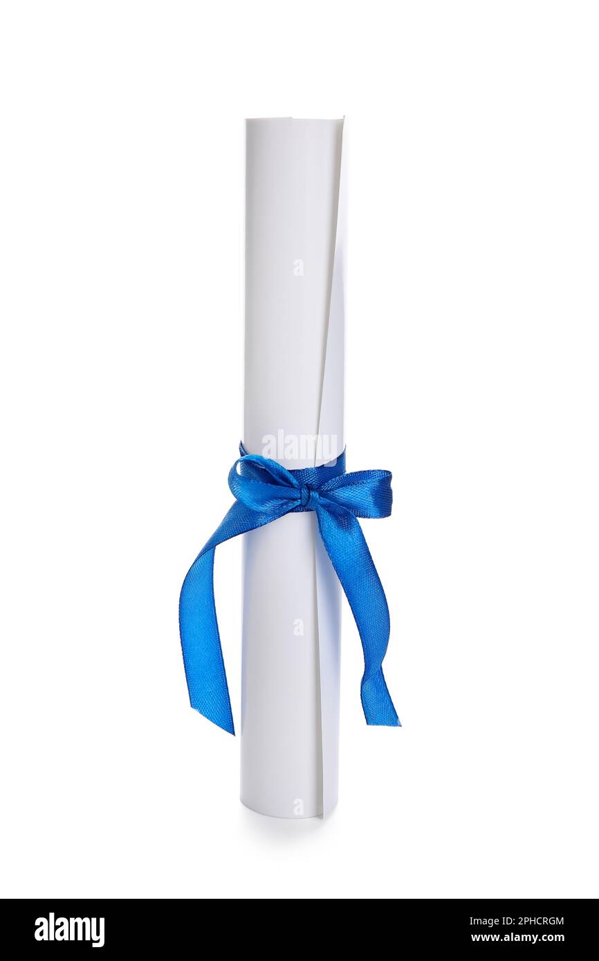 Diploma with blue ribbon isolated on white background Stock Photo - Alamy
