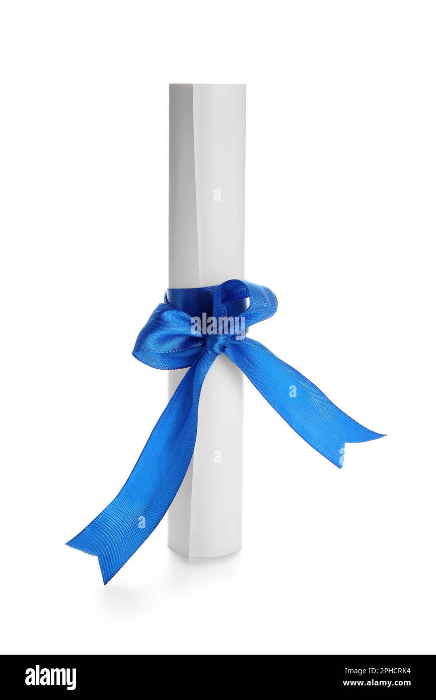 Diploma with blue ribbon isolated on white background Stock Photo - Alamy