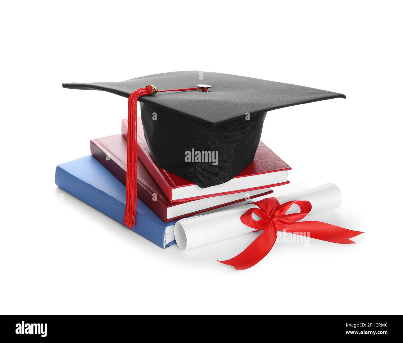 Diploma with red ribbon, graduation hat and books isolated on white ...