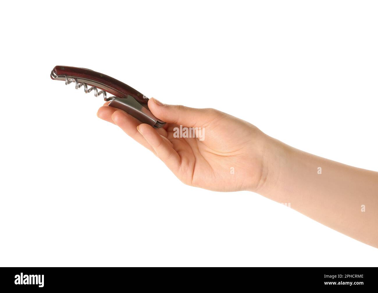 Female hand holding corkscrew isolated on white background Stock Photo ...