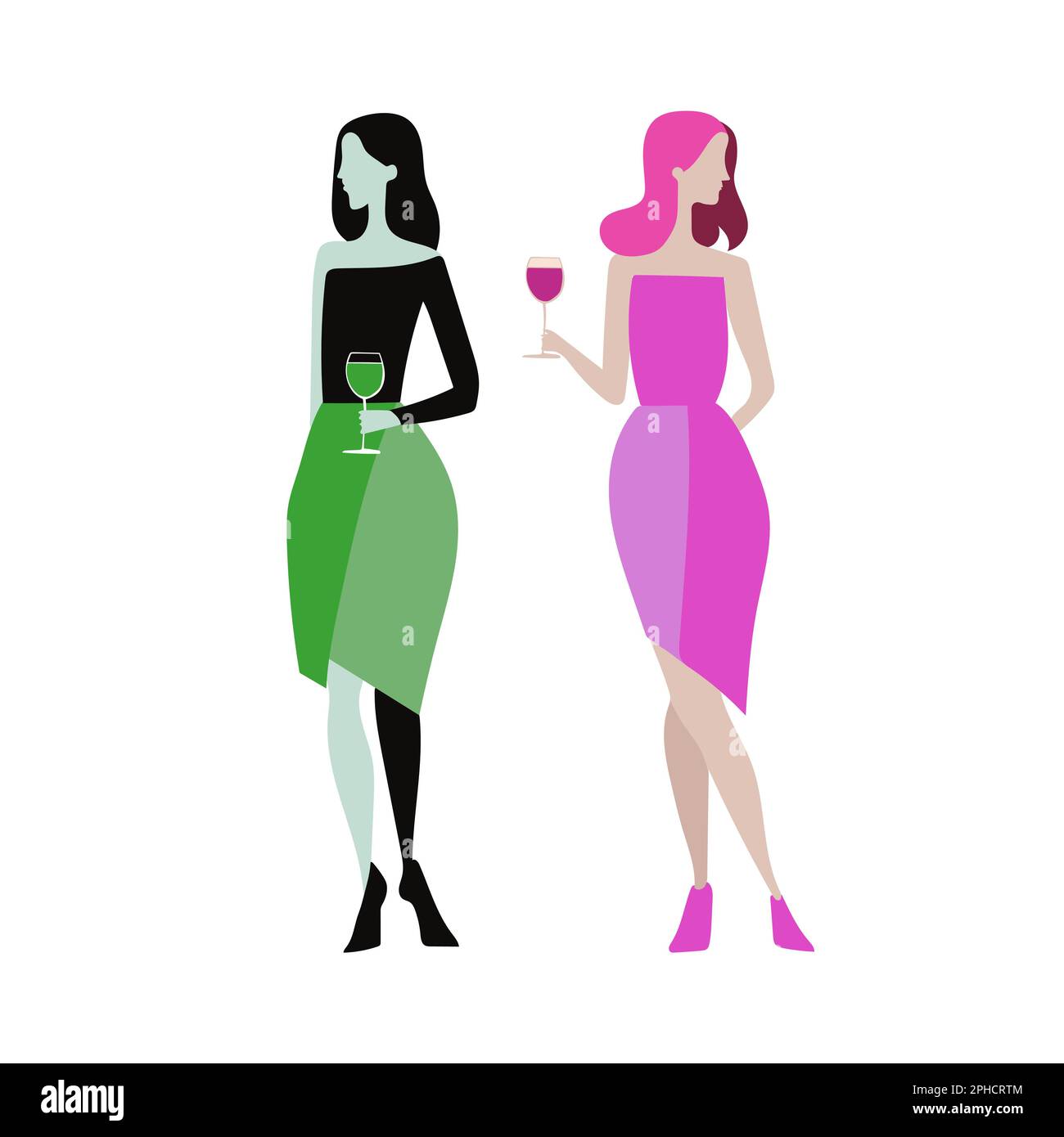 Two beautiful women friends drinking wine. Girls celebration together. Female friendship. Vector ...