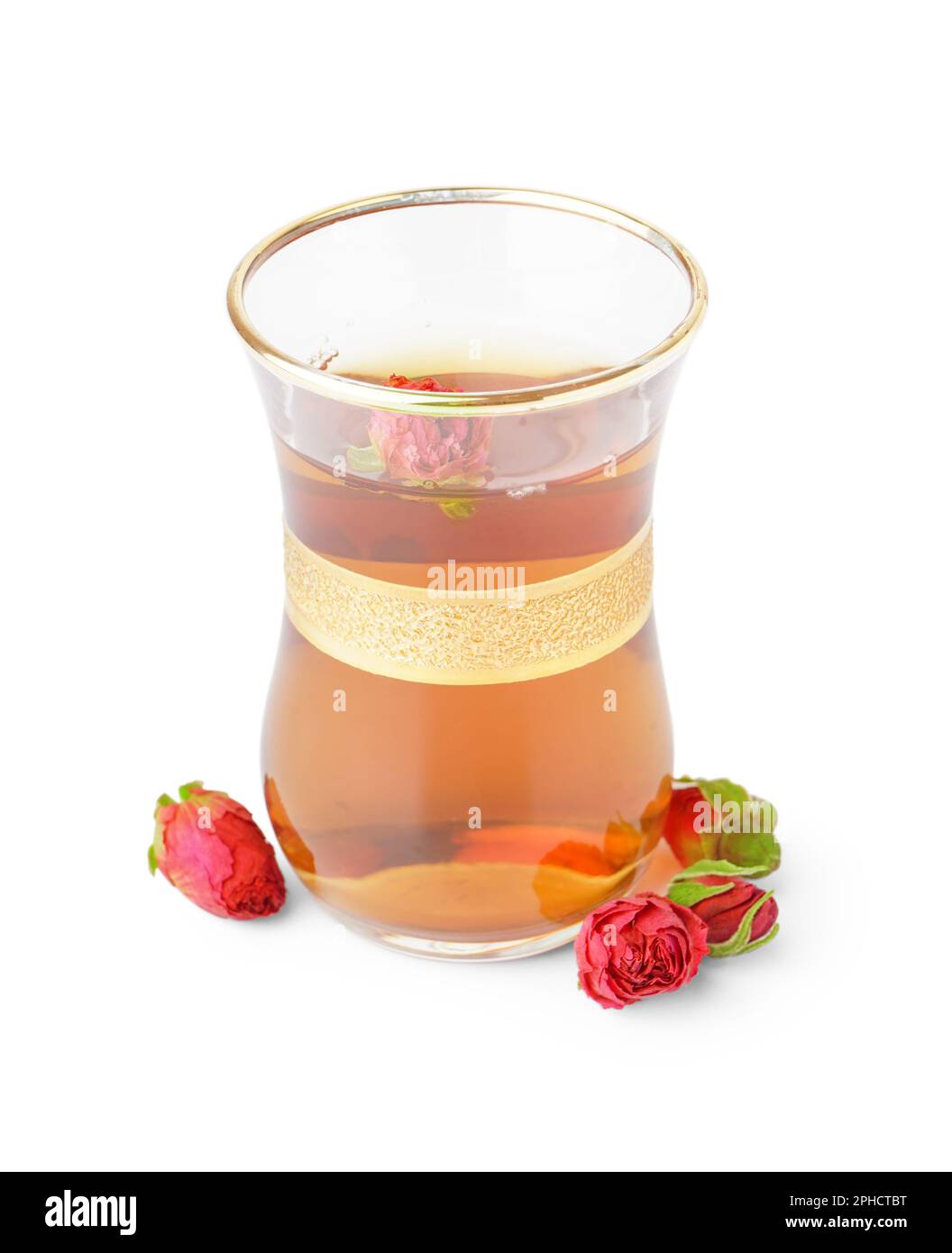 Glass cup of Turkish tea with roses on white background Stock Photo - Alamy