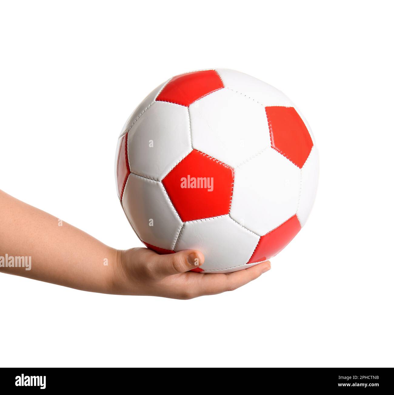 Hand with soccer ball on white background Stock Photo - Alamy