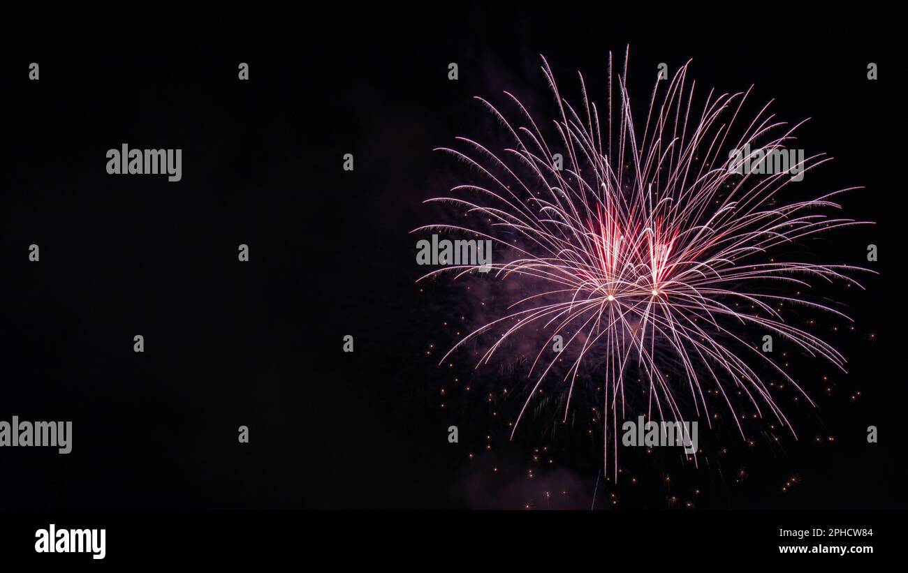 pink fireworks in the night sky with copy space. new year, anniversary ...