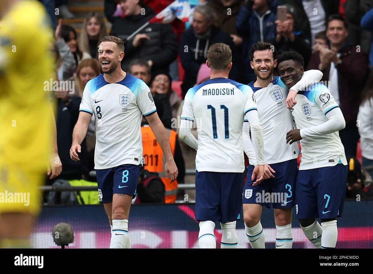 London, UK. 26th Mar, 2023. Bukayo Saka of England (7) celebrates with ...