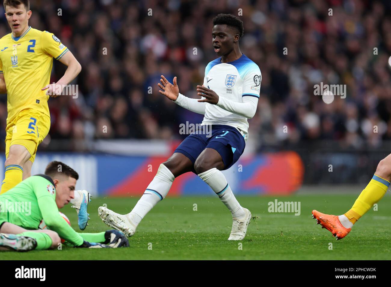 London, UK. 26th Mar, 2023. Bukayo Saka of England reacts. England v ...