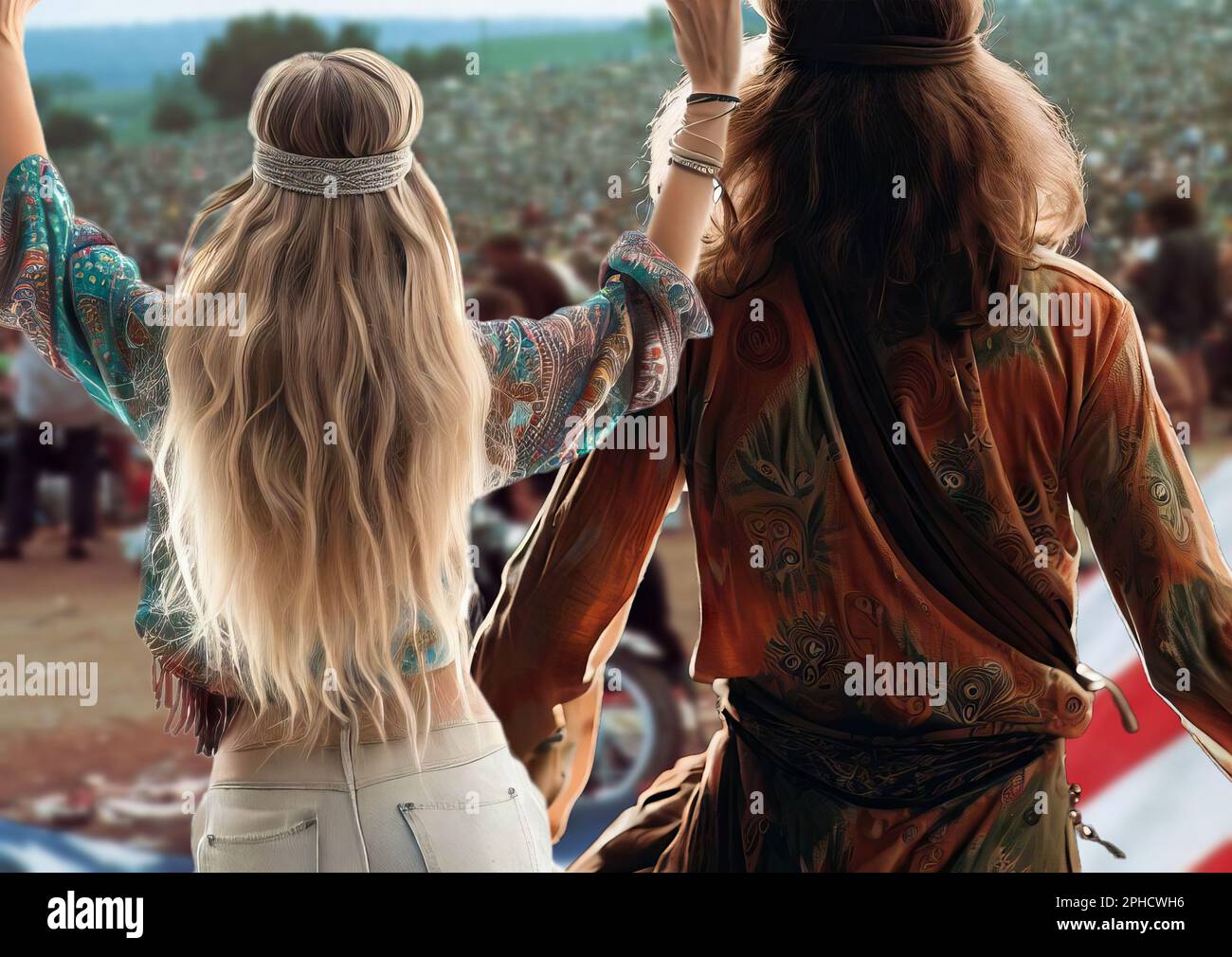 The summer of love, woodstock generation, Some hippies dancing at a concert in the famous summer ...